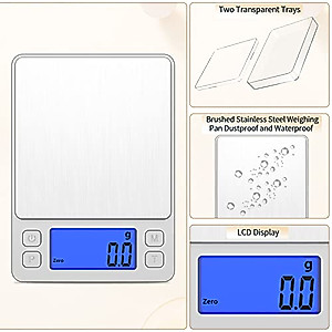 Kitchen Food Scale, 3000g/0.1g High Precision Digital Scale, Used for Cooking, Jewelry, Baking, Tare Function, with 2 Trays, LCD Display