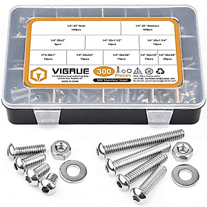 1/4-20 Hex Button Head Cap Screw, VIGRUE 300pcs 304 Stainless Steel UNC Hexagon Bolts Flat Washers Nuts Assortment Kit Machine Screws Set, 8 Sizes (Length from 3/8" to 2")