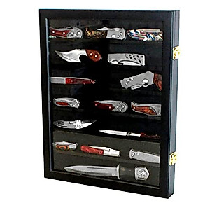 DisplayGifts Knife Display Case Pocket Knife Display Stand Military Folding Knife Shadow Box Wall Cabinet with UV Protection Glass Door Lockable, Great Way to Store and Display, Black Frame