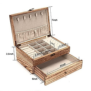Pinzoveco Jewelry Box for Women, Rustic Wooden Jewelry Organizer Box for Storage Earrings Rings Necklace Bracelet, Farmhouse Style Wood Jewelry Boxes & Organizers (Torched Wood Color)