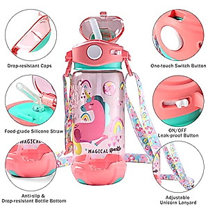 YOYTOO Kids Water Bottle with Straw/Lanyard for School Kids Girls Boys, 22oz BPA Free Child Drinking Water Bottle One-Click-Open Leak-Proof Locking Flip Lid for School Sport Travel (Unicorn)