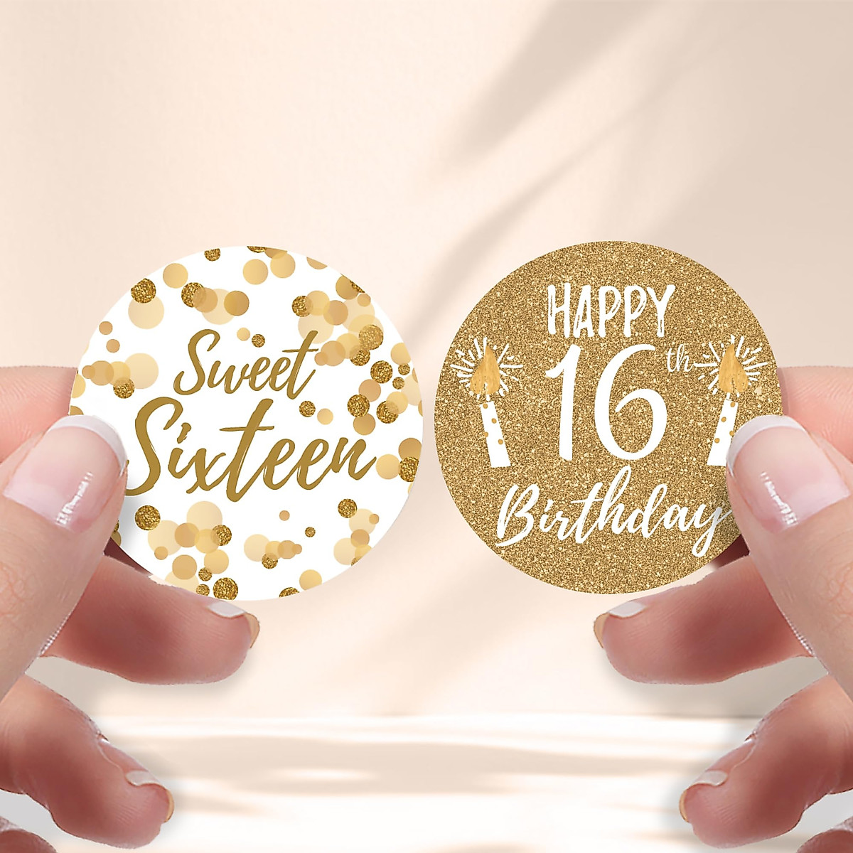 White and Gold Sweet 16 Birthday Stickers, Happy 16th Birthday Party Favor Labels, Sweet Sixteen - 40 Count