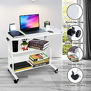 Portable Desk Small Desks for Small Spaces Laptop Table White Rolling Adjustable Desk on Wheels Mobile Couch Desk for Bedroom Home Office Computer Standing Desk Student Desk with Storage 32x16 Inch