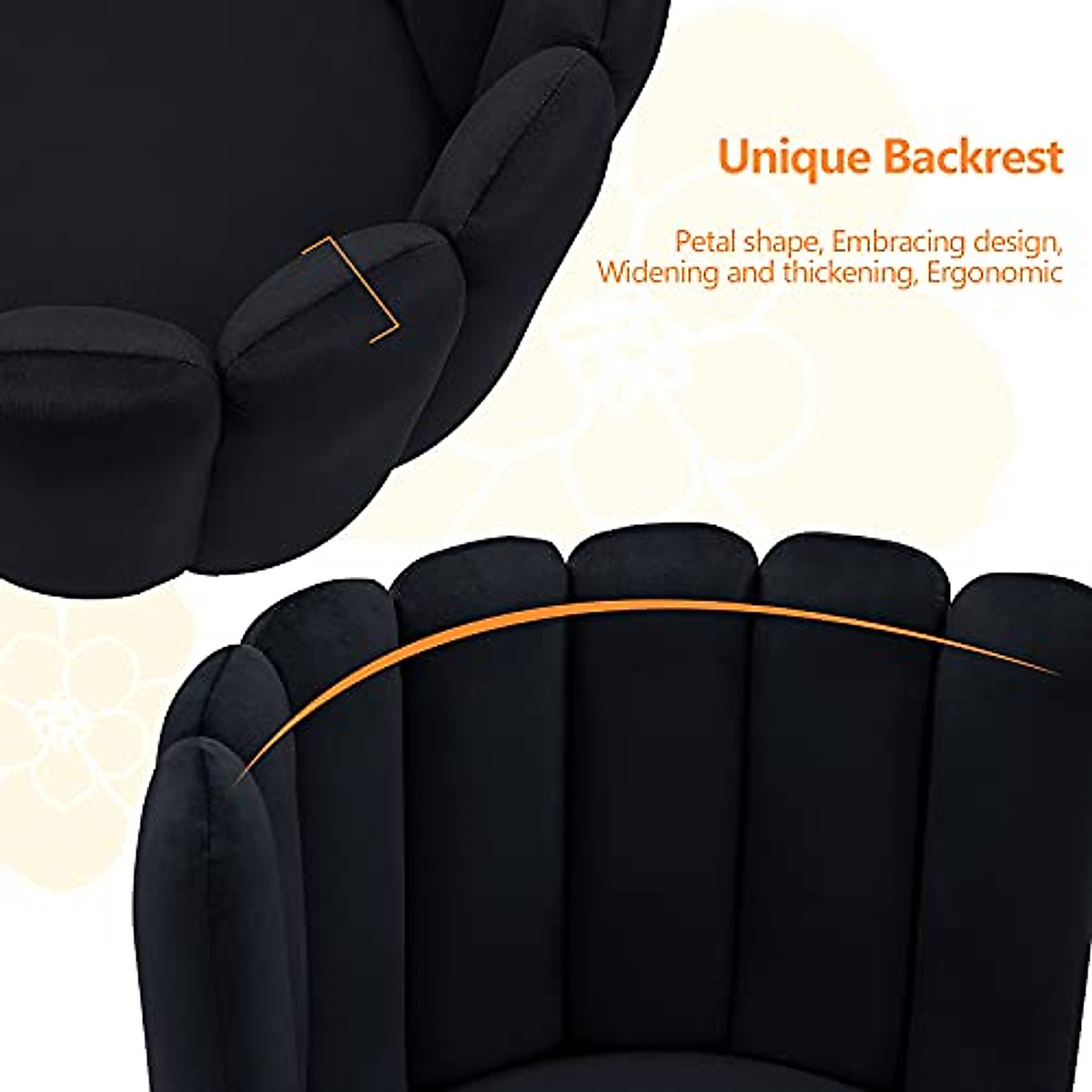 TUKAILAi Cute Petal Dining Chair, Modern Velvet Accent Chair with Shell Shaped Backrest, Thick Padded Seat and Black Metal Legs, Leisure Tub Chair for Kitchen Bedroom Living Room (Black)