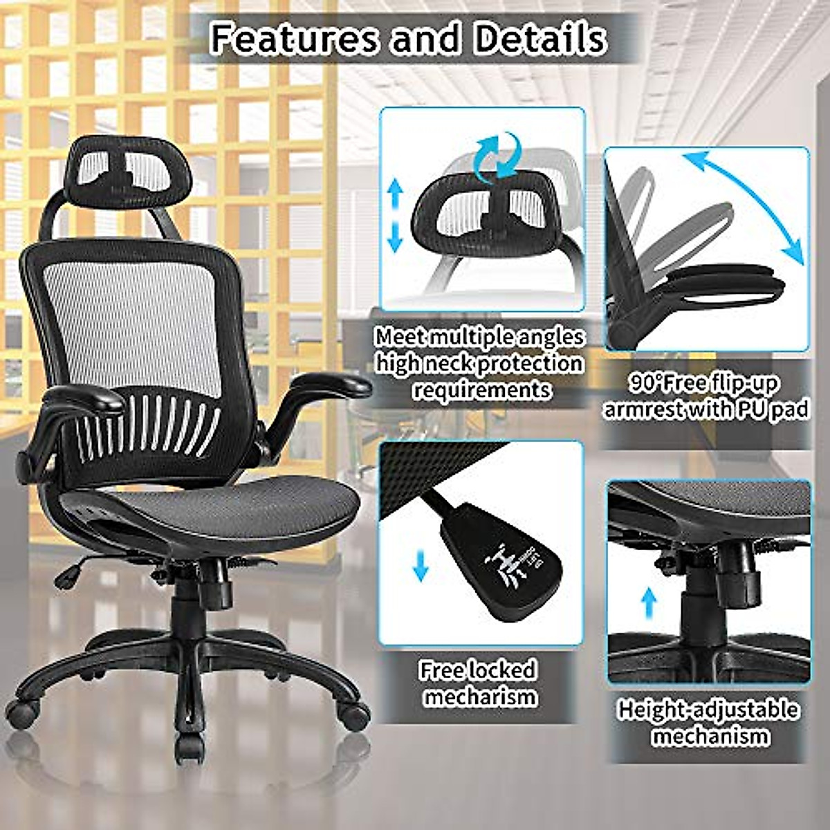 Home Office Chair Ergonomic Desk Chair High Back Computer Chair with Lumbar Support Flip-up Arms Headrest Adjustable Rolling Swivel Mesh Executive Chair for Women Men Adult, Black