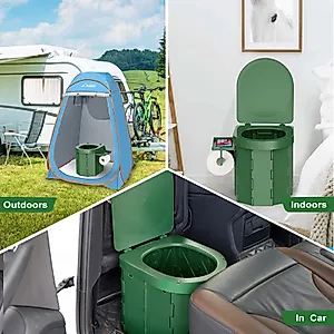 PAHTTO Portable Camping Toilet, Foldable Toilet for Adults with Detachable Phone Shelf and Toilet Paper Holder, Waterproof Porta Potty with Lid for Camping, Hiking, RV Travel, Road Trips, Car, Green