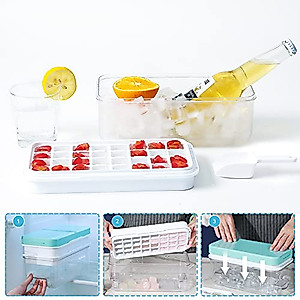ZZWILLB Ice Cube Tray, 64 pcs Ice Tray with Lid and Bin and Ice Scoop, Ice Cube Pop Out Tray, Ice Cube Trays for Freezer, Ice Cube Molds, BPA Free, Easy Release Stackble Spill-Resistant (Blue)