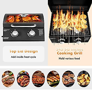 Giantex Portable Gas Grill, 2 Burners Max. 20,000 BTUs total, Tabletop Propane Grill with Built-in Thermometer, Folding Legs, Grease Collector, Camping Gas Grill for Out Cooking Picnic RV BBQ, Black