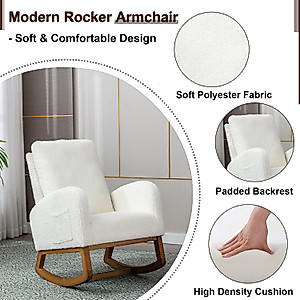 Antetek Modern Accent Rocking Chair, Upholstered Nursery Glider Rocker for Baby and Kids, Comfy Armchair with Side Pocket, Living Room Lounge Arm Chair with High Backrest (White)