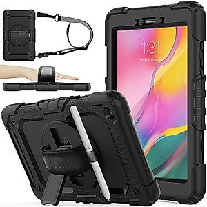SEYMAC stock Case for Samsung Galaxy Tab A 8.0'' 2019 (SM-T290/295/297) - Black, Solid Pattern, Screen Protector, Drop-Proof, Polycarbonate Material