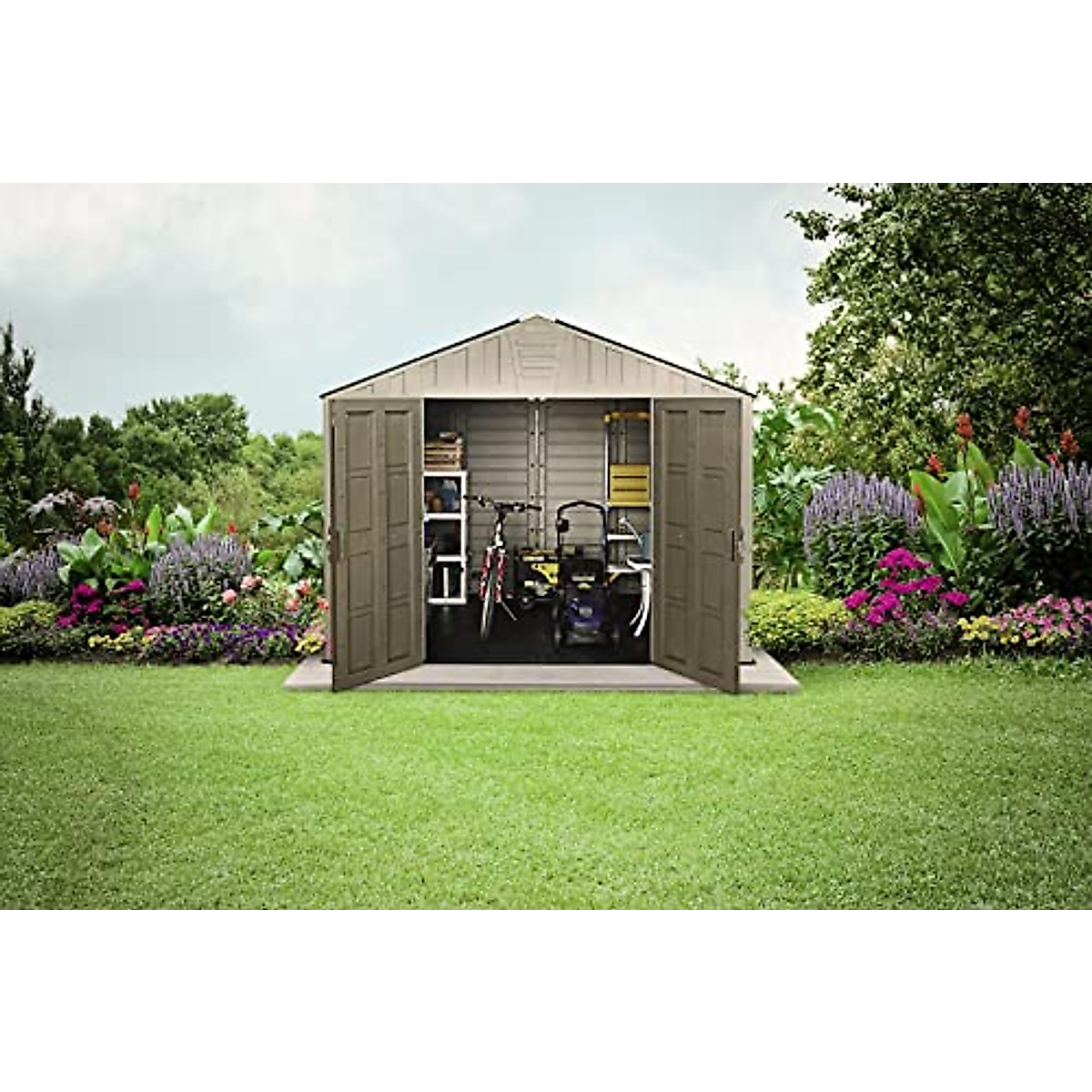 Keter Stronghold 10x8 Large Resin Outdoor Shed for Patio Furniture, Lawn Mower, and Bike Storage, Taupe