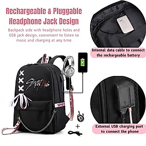 OMECAR Backpack for Stray Kids Fans with Audio Cable USB Charging Port Korean Backpack Laptop Bag Merchandise for Girls STAY Fans Gifts (Black) 17.7×11.8×7 in Kpop5698