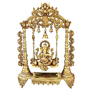 ROYALSTUFFS Brass Ganesha Idol Murti Sitting on Jhula for Worship Temple Home, 66 cm Height