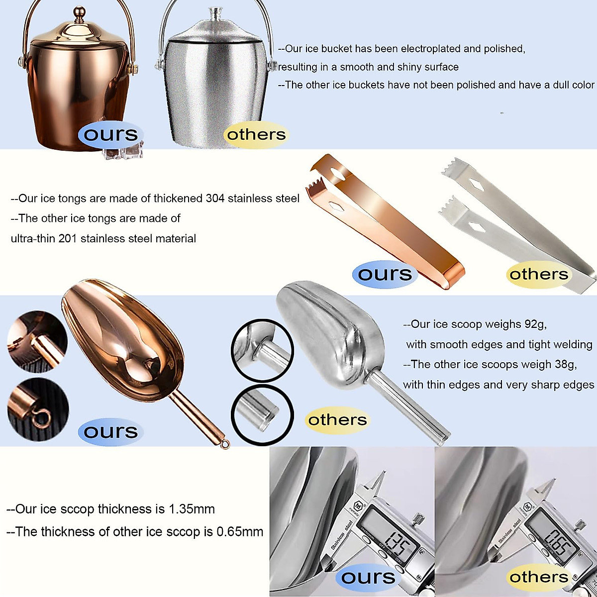 Ice Bucket Champagne Bucket with Tongs Scoop Lid, Double Wall Wine Bar Freezer Ice Bucket with Stand&Carrying Handle, Stainless Steel Mirror Bucket Champagne Bucket for Parties Bar Home,2L(Rose gold)