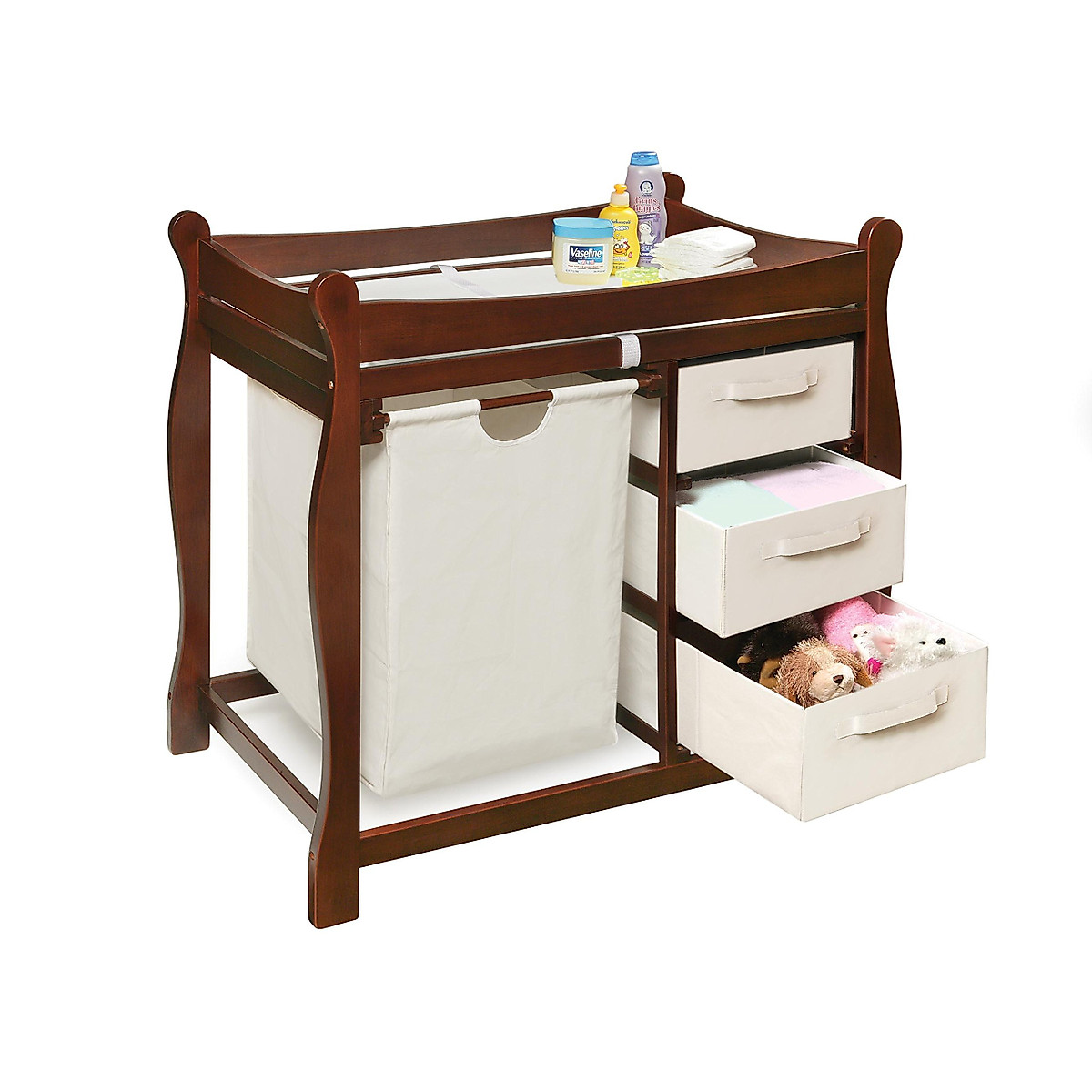 Sleigh Style Baby Changing Table with Laundry Hamper and 3 Storage Baskets