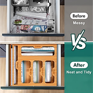 5 in 1 Plastic Wrap Dispenser with Cutter, Kitchen Drawer Storage Dispenser Suitable for Plastic Wrap，Aluminum Foil and Parchment Paper ,Bamboo Roll Organizer Holder, Compatible with 14" Roll