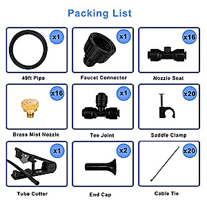 HEMYLU Misting Cooling System, 50FT (15M) Misting Line + 16 Brass Mist Nozzles + Quick Installation Kit Misting System for Outdoor Patio Garden Greenhouse