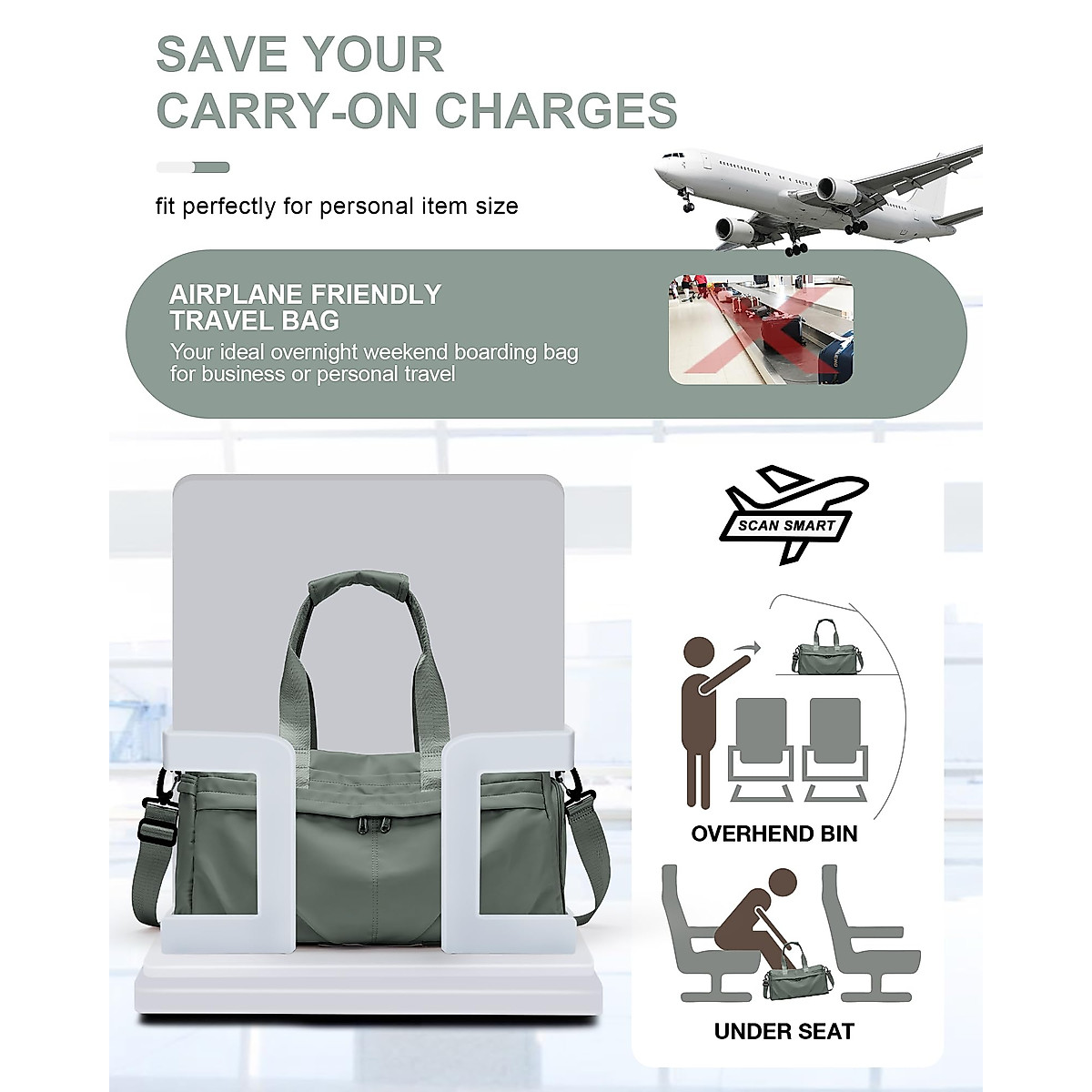 Gym Bag for Women Men with Shoe Compartment, Sport Duffel Bag, Waterproof Travel Weekender Overnight Carry on Bag for Yoga with Trolley Sleeve, Green