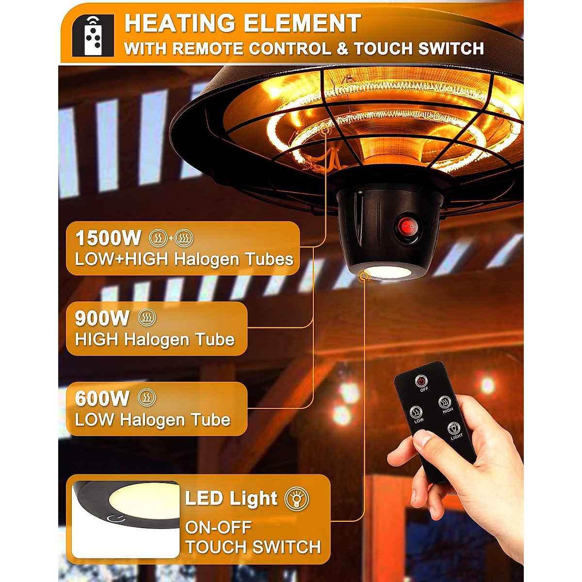 Star Patio Electric Patio Heater, Outdoor Heater with Remote Control & Touch Switch, 600W/900W/1500W Infrared Ceiling Heater with Hammer Tone Bronze Finish, IP44 Waterproof, Patio Heater, STP1566-C-N