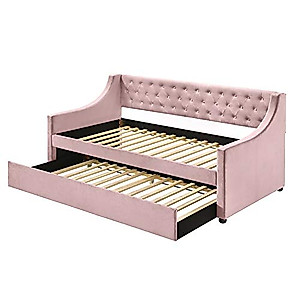 Acme Furniture Twin Fully Upholstered Daybed with Trundle and Button-Tufted Back Panel, Pink Velvet