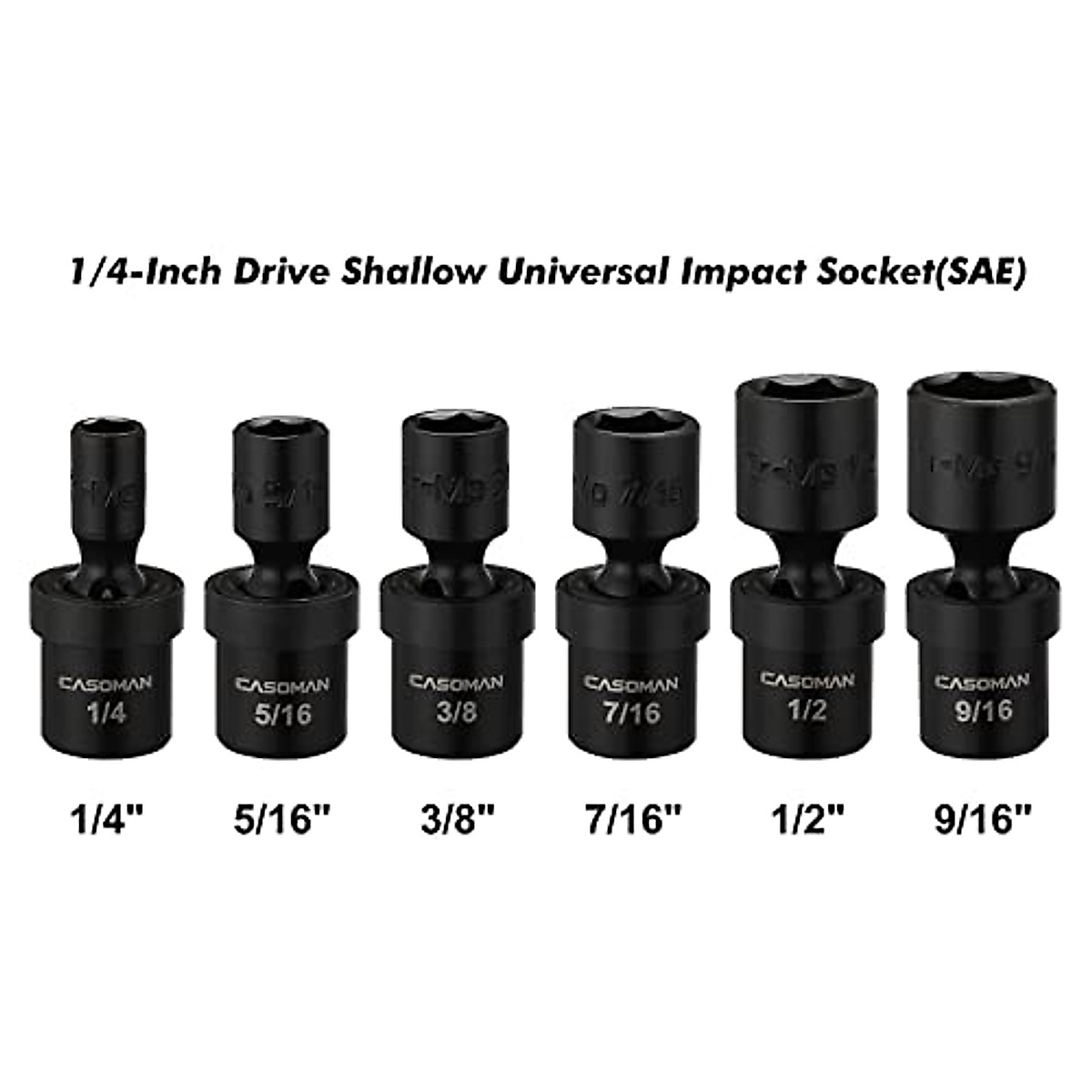 CASOMAN 1/4-Inch Drive Shallow Universal Impact Socket Set, SAE, 6 Pieces Set, 1/4" to 9/16", 6-Point, Cr-Mo, Swivel Socket