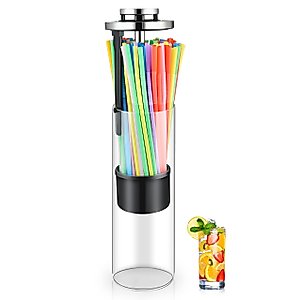 Worldity 1Pcs Straw Dispenser and 100Pcs Drinking Straw, Straw Holder with Stainless Steel Lid, Transparent Straw Dispenser for Pencils, Stir Sticks, Drinking Straw, Black