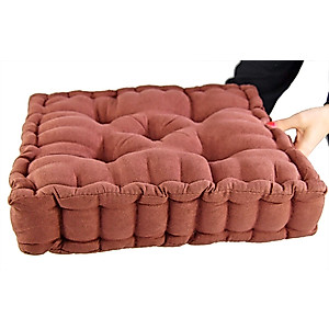 Home-X Tufted Booster Cushion, Thick Square Seat Pad with Carrying Handle – Brown 15” L x 15” W x 3 ½” H