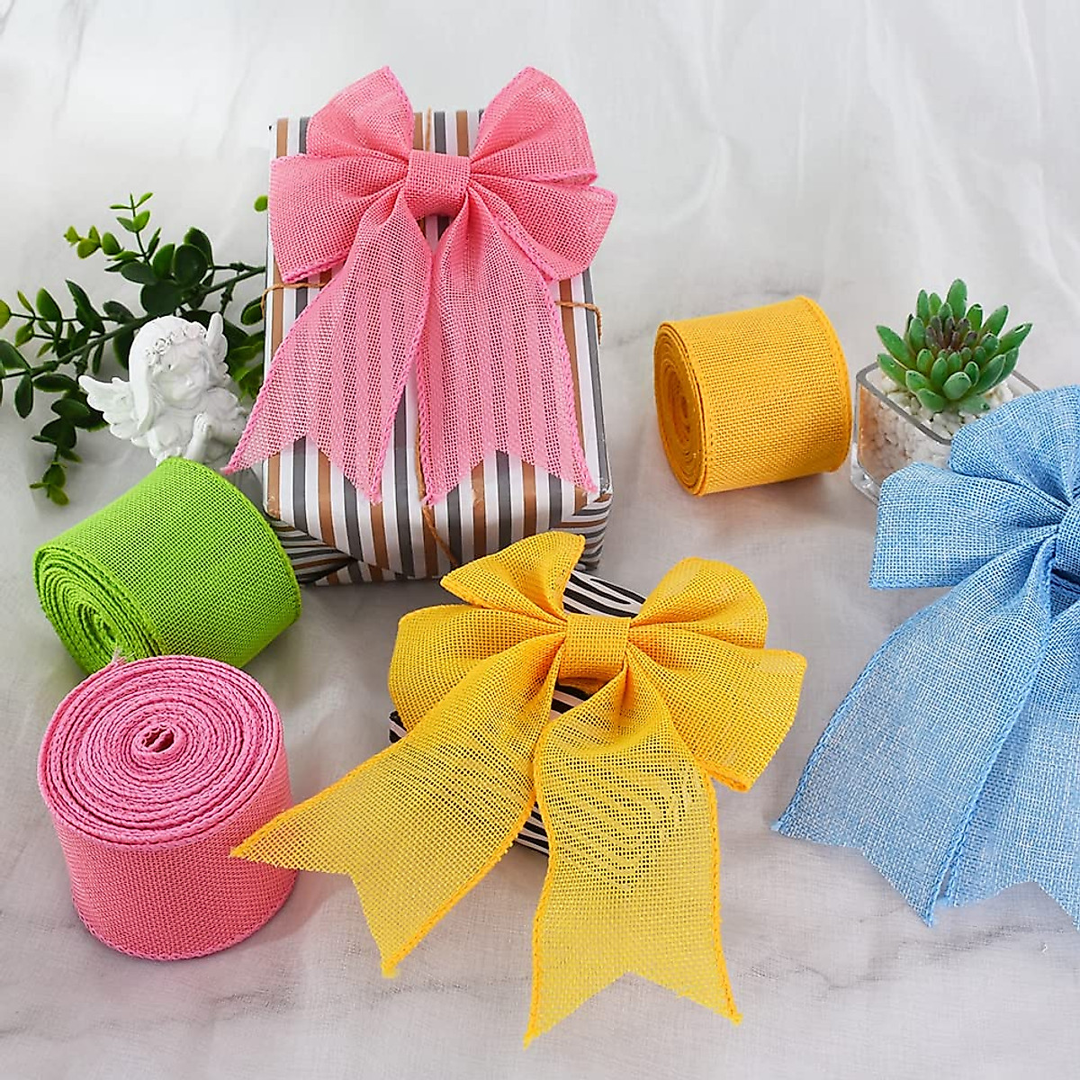 TONIFUL 4 Rolls Easter Ribbon, Burlap Wired Ribbons, Yellow, Pink, Baby Blue, Green, Faux Burlap Ribbon, for Easter Home Decor Wreath Front Door Gift Wrapping Tree Topper Bow Crafts (2 Inch x 40 yds)