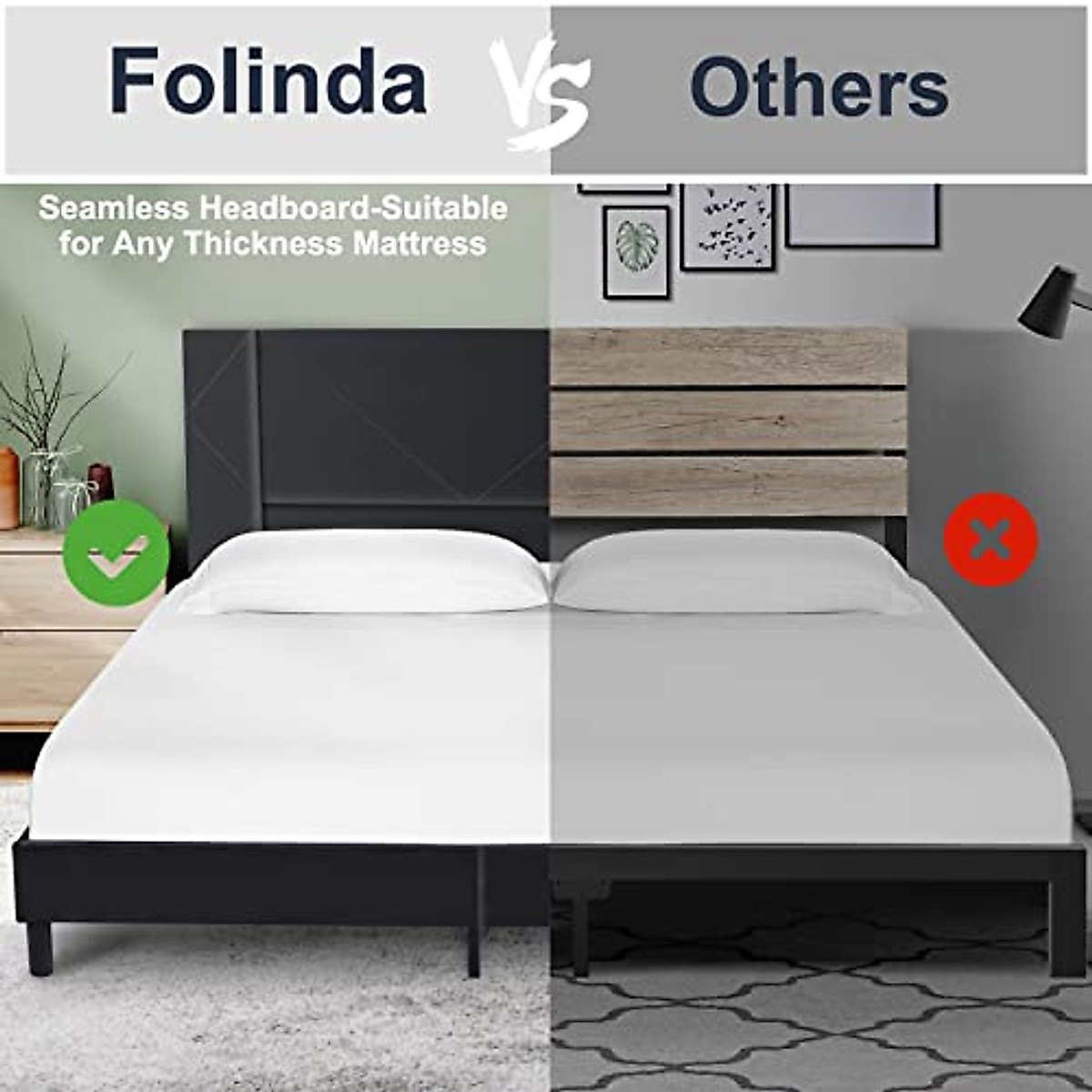 ASECAM Queen Size Bed Frame, Black Velvet Upholstered Platform Bed with Full Headboard, Mattress Foundation, Strong Wood Slat Support Bed Frames, No Box Spring Needed, Noise Free,Easy Assembly