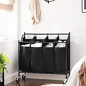 SONGMICS 4-Bag Laundry Cart Sorter, Rolling Laundry Basket Hamper, with 4 Removable Bags, Casters and Brakes, Black URLS90H