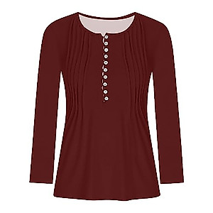 Deal of The Day Prime Today Womens Workout Tops Solid Color v Neck Long Sleeve Button Blouses Empire Waist Ruched Slim Fit Tunics Trendy 2023 Wine S