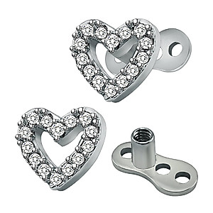 ZS 14g Cubic Zirconia Dermal Anchor Tops and Base Surgical Steel Microdermals Body Piercings (Hollow heart)