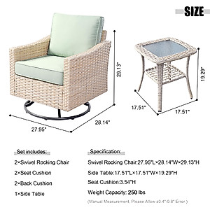 CAODOC 3 Pieces Outdoor Furniture Set Patio Bistro Rocking Chairs with Glass Side Table for Pool Beach Backyard Balcony Porch Deck Garden(Green)
