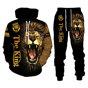Ufehaho Lion King 3D Printed Men's Hoodies Sweater Set Pullover Tracksuit for Big and Tall 2 Piece Sweatshirt Suit