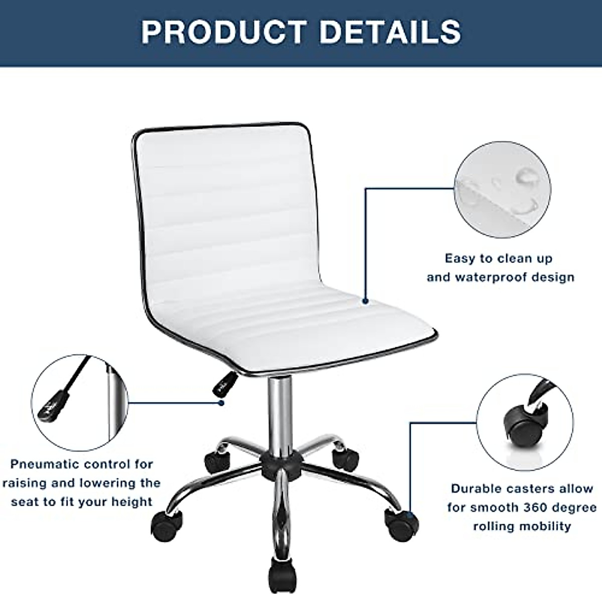 BOSSIN Adjustable Home Office Chair, Mid-Back Armless Ribbed Swivel Task Chair,Vanity Chair for Small Space, Living Room, Make-up, Studying (White)