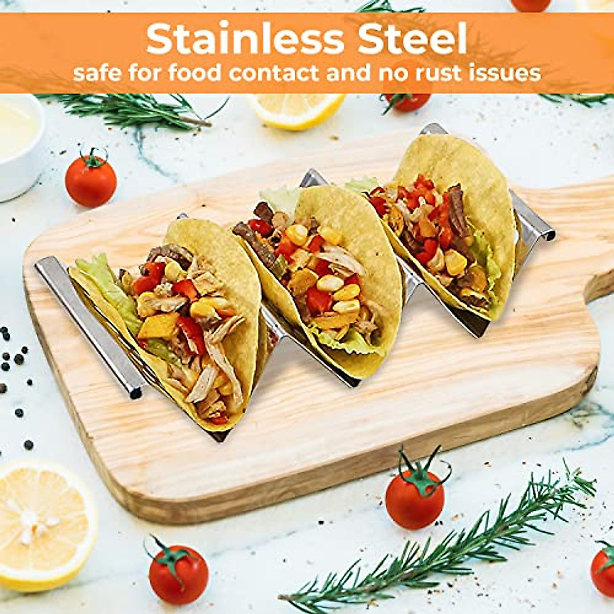 ORIGENUIN Set of 4 Premium Stainless Steel Taco Holder Racks | Taco Holder Plate Shell Stands, Stylish Taco Tray Easy Filling & Serving | Grill-Oven, Dishwasher Safe