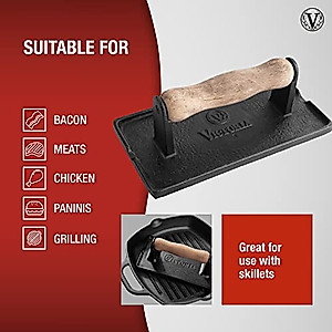 Victoria Rectangular Cast-Iron Meat Press with a Wooden Handle, Preseasoned with Flaxseed Oil, Made in Colombia