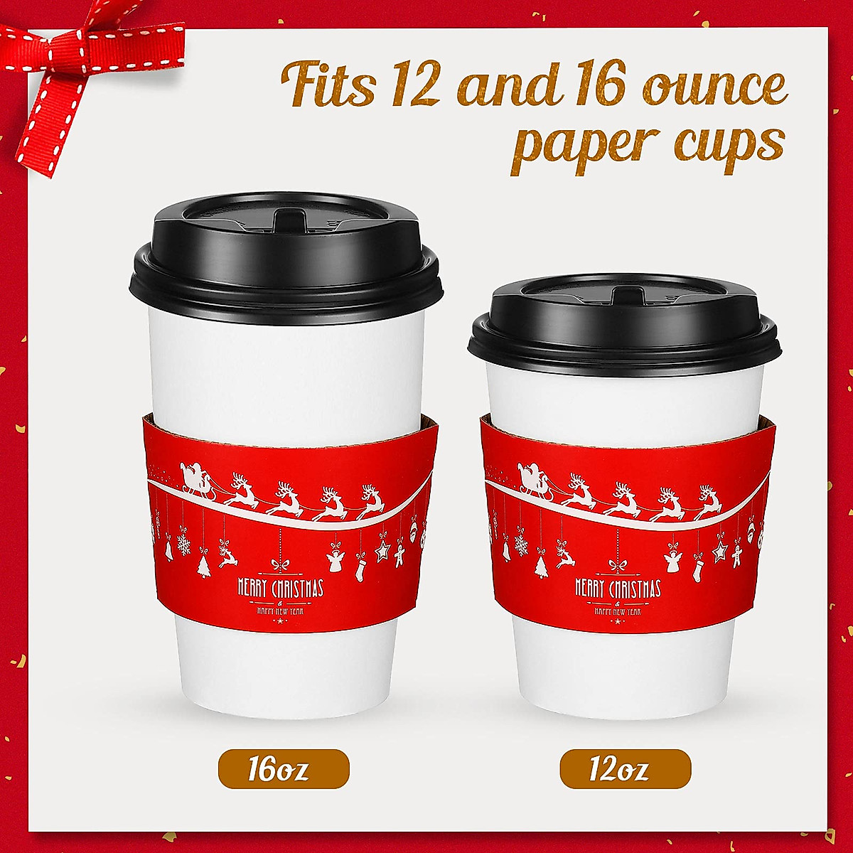 60 Pieces Christmas Coffee Cup Sleeves Red Double Layer Paper Sleeves Fits 12 and 16 oz Disposable Santa Cup Jacket for Christmas Hot Chocolate, Coffee, Cocoa, Tea or Cold Beverage, 6 Designs