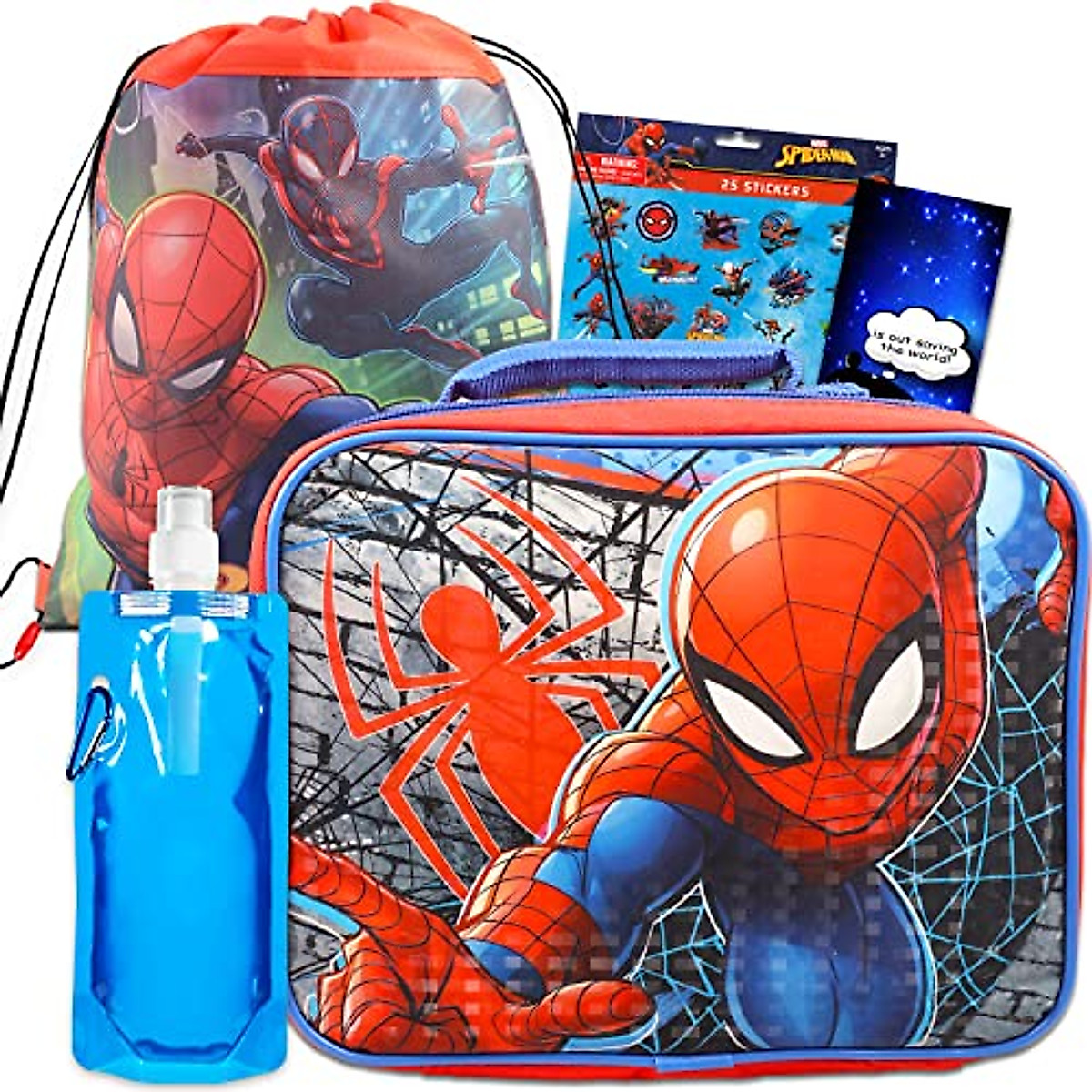 Spiderman Lunch Bag - Bundle with Marvel Spiderman Lunch Box for Boys Girls Kids, Spiderman Drawstring Bag, Water Pouch, Spiderman Stickers, More
