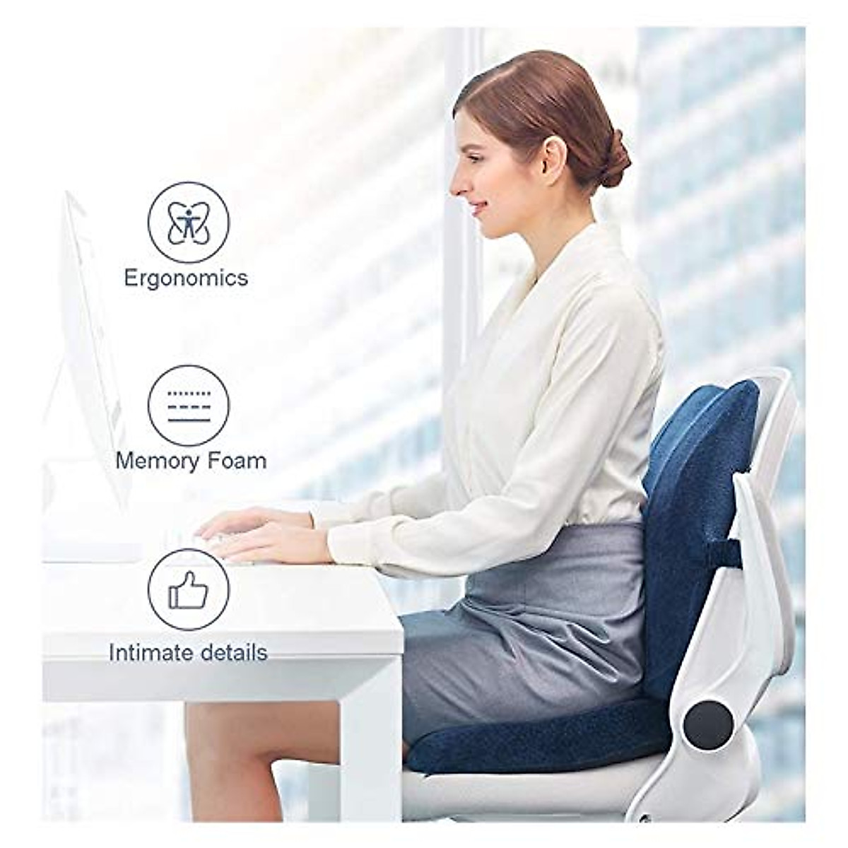 HHWKSJ Memory Foam Seat Cushion and Lumbar Back Cushion Combo - Gel Infused and Ventilated - Ergonomic Design for Coccyx and Tailbone - for Office Chairs and Car Seats