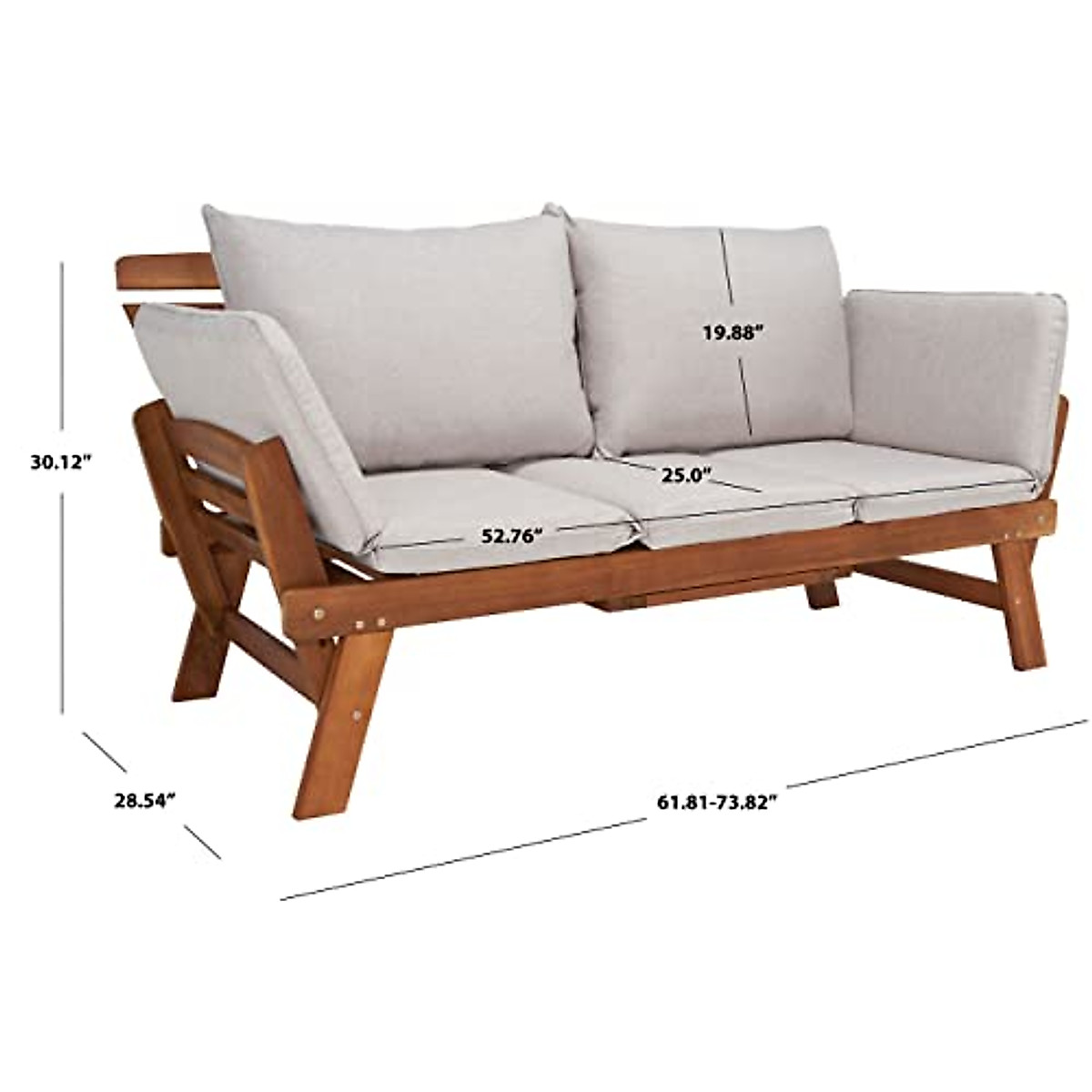 Safavieh PAT7300E Collection Emely Acacia Wood Expandable Loveseat Outdoor Daybed, Natural/Light Grey
