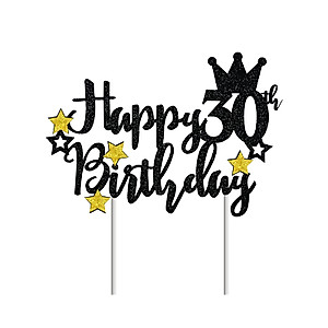 Happy 30th Birthday Cake Topper, Black Glitter Star 30 & Fabulous Birthday Cake Pick for 30th Birthday Anniversary Party Cheers to 30 Cake Decorations Supplies