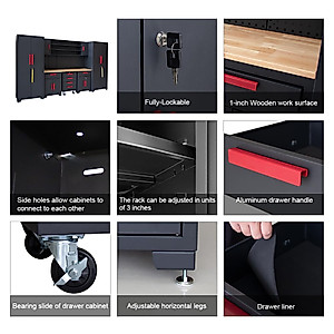 4utoHydra 9-Pcs Workshop Cabinet Set in Black with Workbench - Perfect for Organizing Garage and Tools - Included Steel Cabinets Drawers Shelving Rolling Chest, RD-QGPGC103000