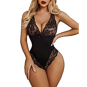 Avidlove Women Lingerie Bodysuit Snap Crotch Teddy One Piece Babydoll (Black,M)