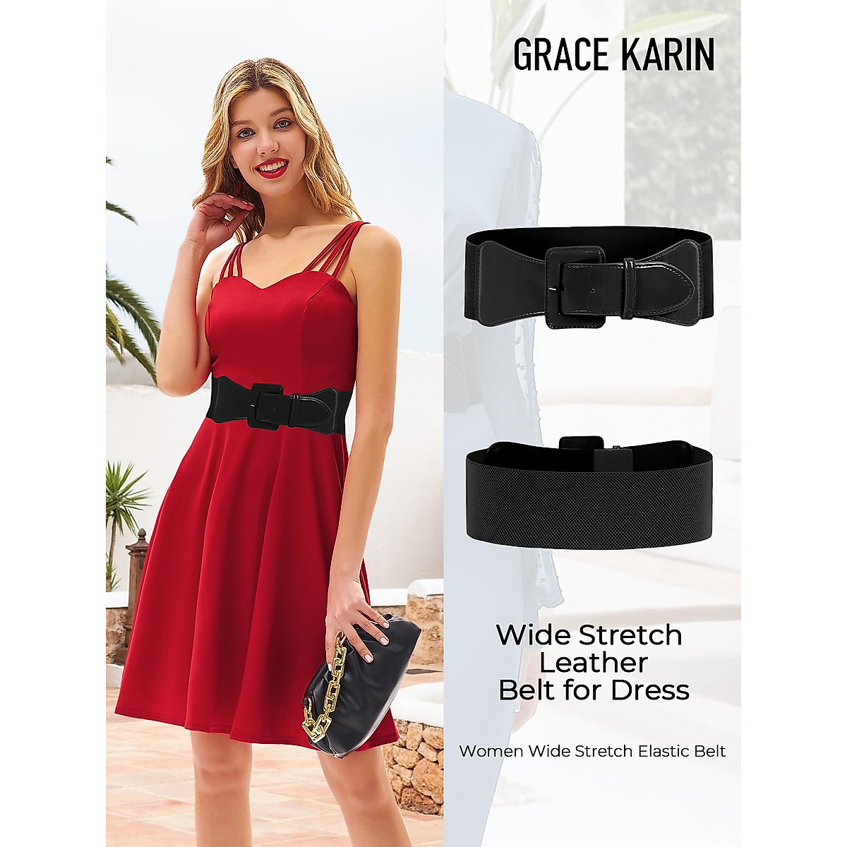 GRACE KARIN Womens Black Belt Stretch Belts For Women Fashion Wide Elastic Belts Back Blets XL