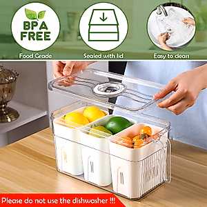 Blushtier 4 Pcs Fridge Organizer Bins with Compartment and Drain Tray and Lid Handle Plastic Stackable Timer Keep Fresh Sealed Food Storage Container for Vegetables Fruit Salad,11 x 6.2 x 6.2 Inch