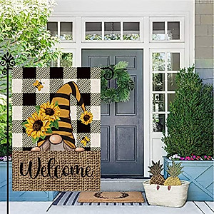 Summer Garden Flag Sunflower Gnome Vertical Double Sided Buffalo Plaid Welcome Flag Seasonal Farmhouse Yard Outdoor Decoration 12.5 x 18 Inch (Size for Garden-12.5'' x 18'')