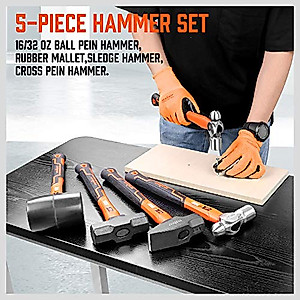 HORUSDY 5-Piece Hammer Set, 16oz Ball Pein Hammer | 32oz Ball Pein Hammer | 32oz Rubber Mallet | 3lb Sledge Hammer | 3lbCross Peen Hammer