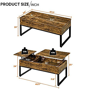 Yaheetech 2 Way Lift Top Coffee Table with Separated Hidden Storage Compartments,Adjustable Tabletop Dining Table for Living Room, Metal Frame, Rustic Brown