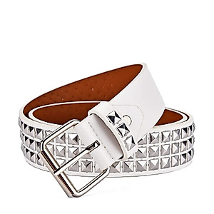 YYHJM 3 Row Pyramid Studded Belts Silver Stud Black Belt PU Leather Punk Goth Metal Belt